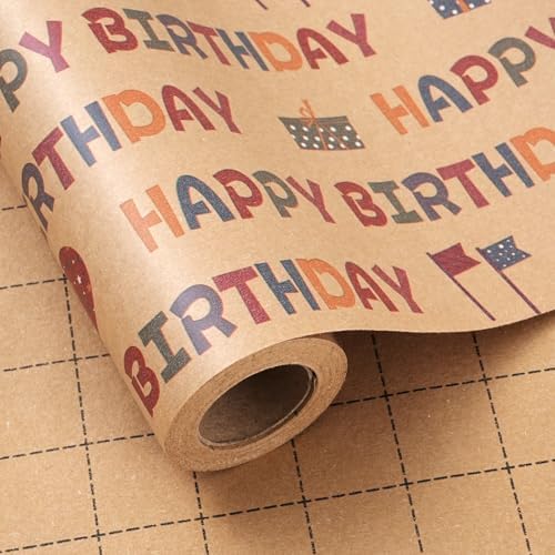 Amazon.com: Ulmasinn Kraft Birthday Wrapping Paper Roll - 17" x 16.4 Ft ...