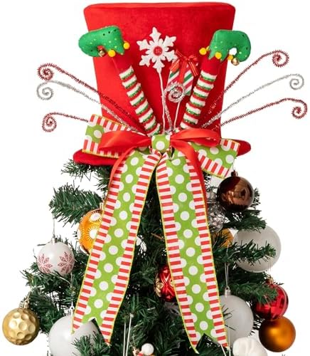 Amazon.com: Christmas Elf Tree Topper Red Hat with Handmade Bows Elf ...