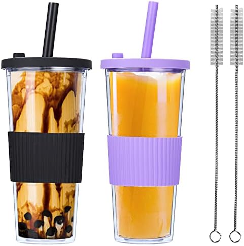 2 Pack Reusable Boba Tea Cups, 24oz Leakproof Double Wall Smoothie ...