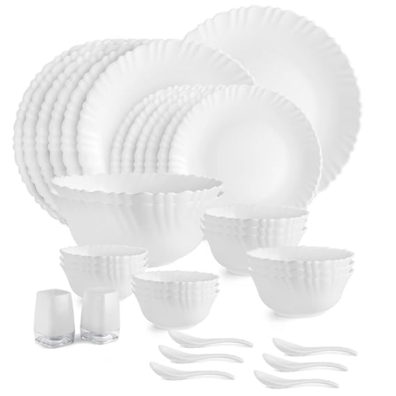 Cello Opalware Dazzle Series Plain Dinner Set with Rice Plate, 35 Units ...