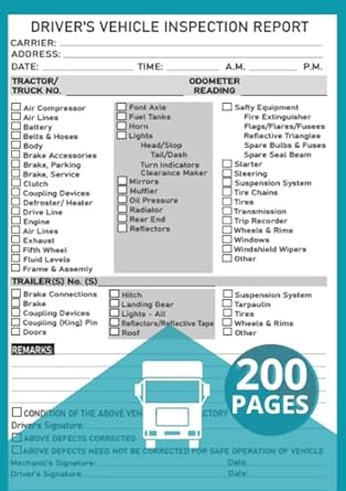 Driver Vehicle Inspection Report Log Book: Detailed Vehicle Inspection ...