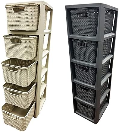 Grey Cream Large Spacious Rattan 5 Drawer Home Office Storage Modular ...