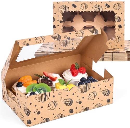 Amazon.com: HANSGO 6 Sets Kraft Paper Cupcake Boxes, 9.5 x 6.3 x 3 Inches Cupcake Carrier with ...