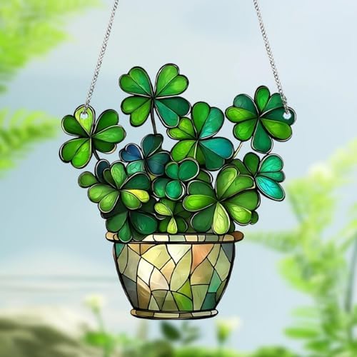 Amazon.com: DASTOLL Stained Glass Window Hanging, Abstract Green Clover ...