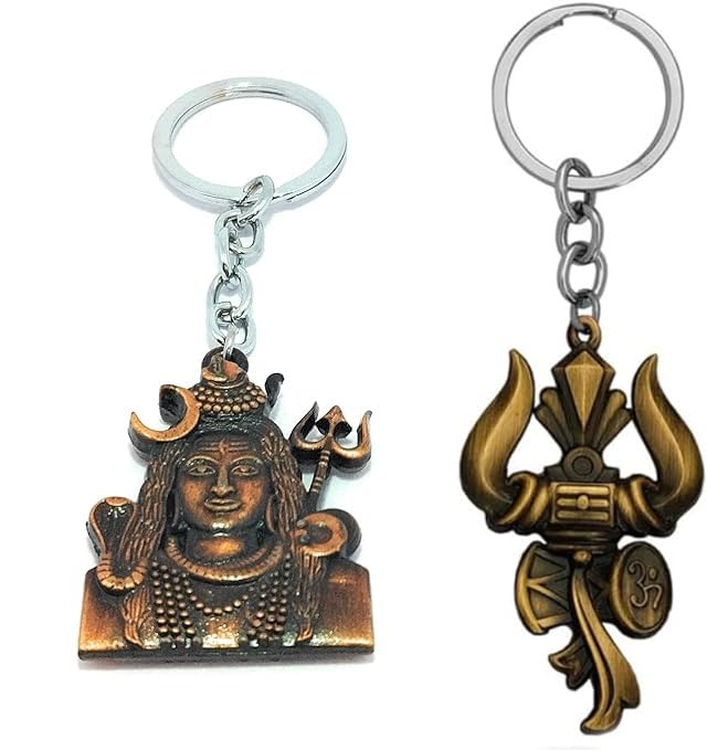 Lord Shiv Shankar Trishul Damru Om Double Side Metal Keychain PACK OF 2 ...