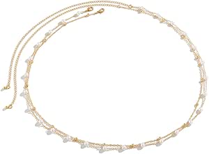 Amazon.com: 2PCS 14K Gold Plated Waist Chain Layered Pearl Cuban Beaded Satellite Figaro Belly ...