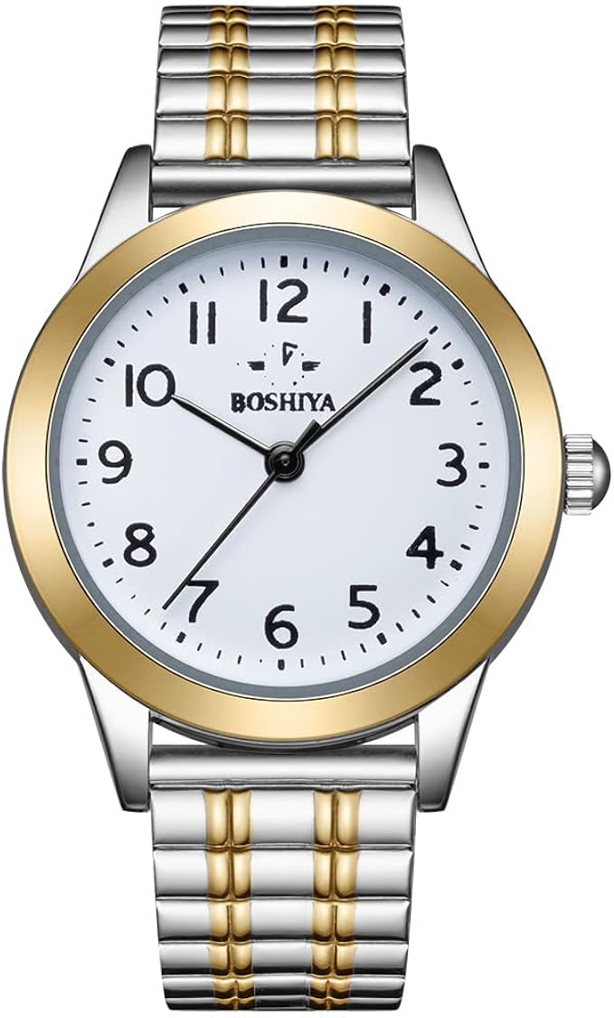 Amazon.com: BOSHIYA Women's Watches Stainless Steel Stretch Band Two ...