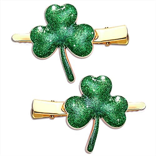 Amazon.com : 2 Pairs Glitter Green Clover Hair Clips Lucky Shamrock ...