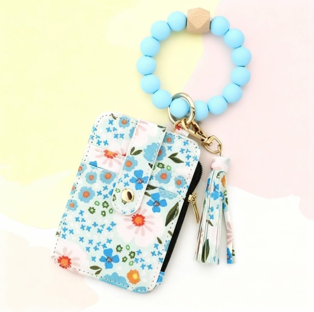 Small Floral Print Card Bag with Silicone Beaded Bracelet Wristlet ...