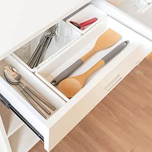 4 PCS Drawer Organizer, White Plastic Adjustable Organizers Desk Drawer ...