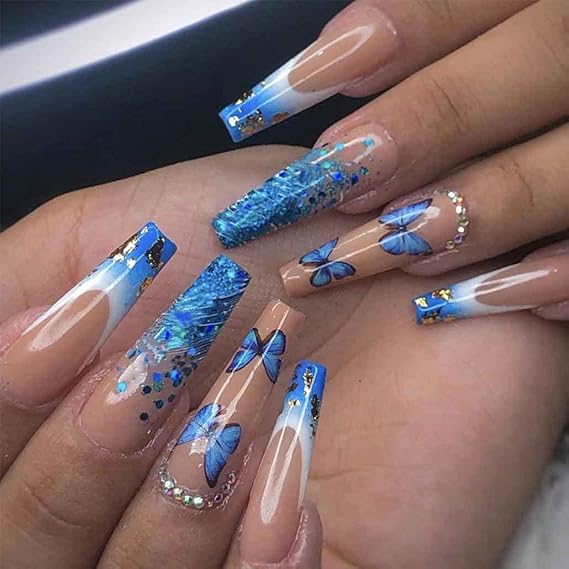 Amazon.com: Foccna Artificail Extra Long Press on Rhinestone Nails ...