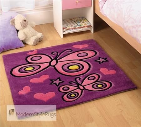Girls Purple Butterfly Bedroom Designer Modern Funky Kids Rug 90 x 90cm ...