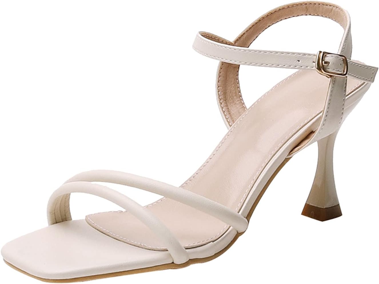 Ladies Fashion Solid Color Leather Square Toe Open Toe Buckle Thin High ...