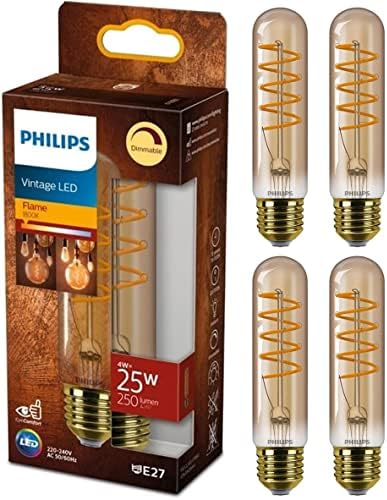Philips T32 Vintage Gold Filament LED Light Bulbs, Dimmable, E27, 4W, 250 Lumens, Warm White ...