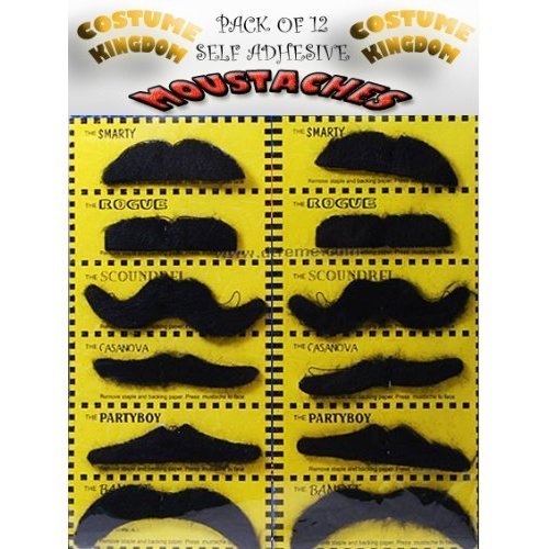CK Pack of 12 Self Adhesive Assorted BLACK Moustaches. Tashes Multipack ...