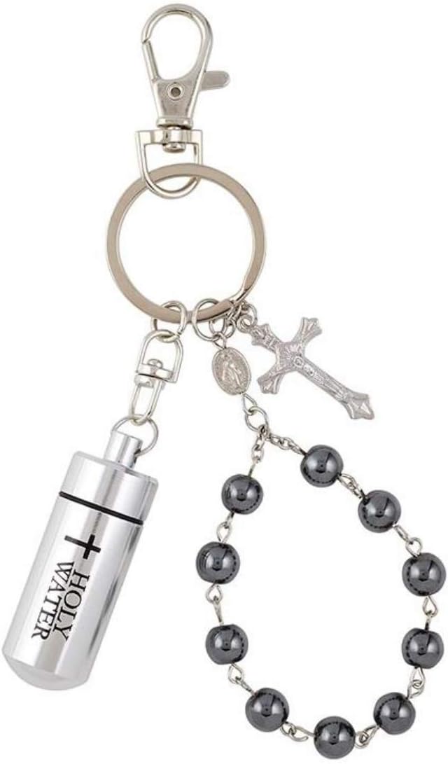 Amazon.com: Holy Water Keychain with 1 Decade Black Hematite Bead ...