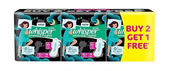 Buy FB WHISPER BINDAZZZ NIGHTS SANITARY PADS, 45 XL+ PADS, UPTO 0% ...