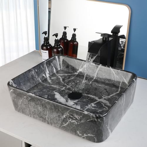 GLOBAOSALU Black Marble Bathroom Vessel Sink With Faucet and Drain ...