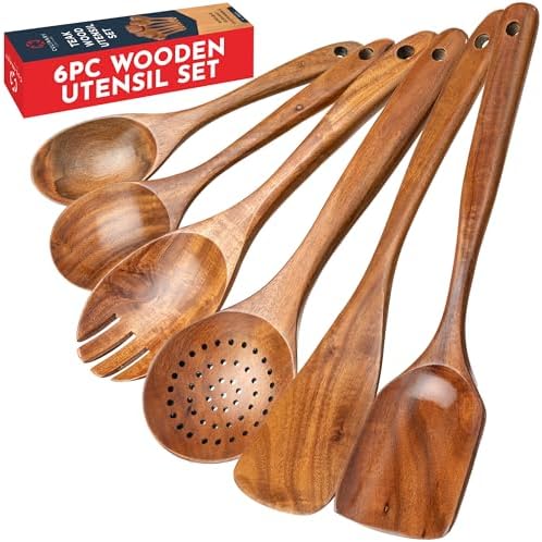 Amazon.com: 5pc Wood Cooking Utensils Set - Wooden Spoons for Cooking ...