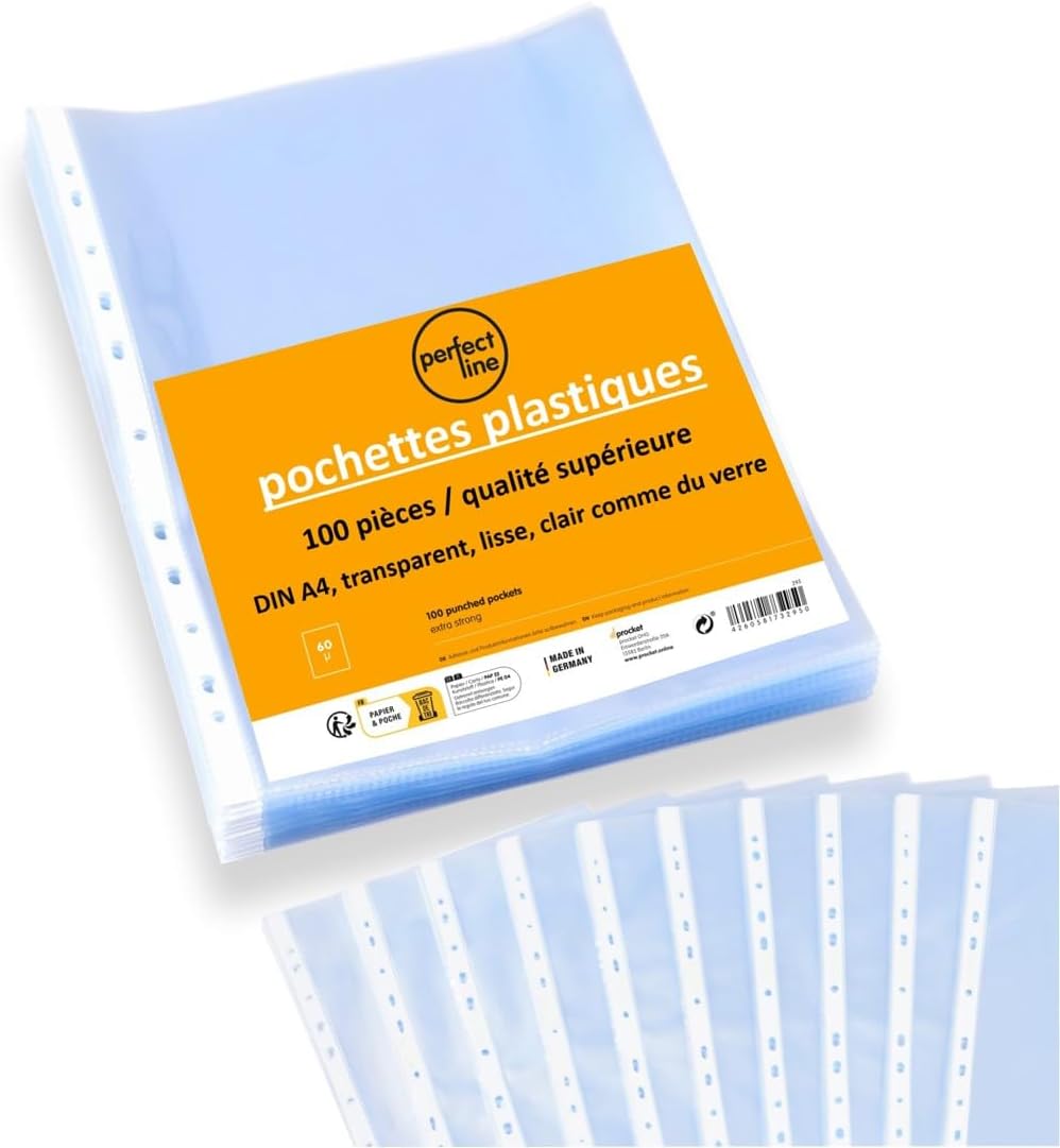 perfect line 100 pochettes plastiques cristal A4, pochettes perforées ...