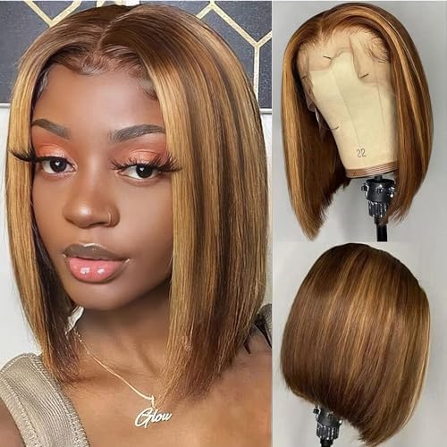 Amazon.com : Straight Short Bob Wig Highlighted Transparent Lace ...