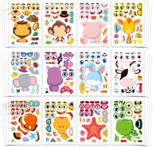 Amazon.com: Aowplc 48 Pcs Make-a-Face Sticker Sheets for Kids 12 Animal ...