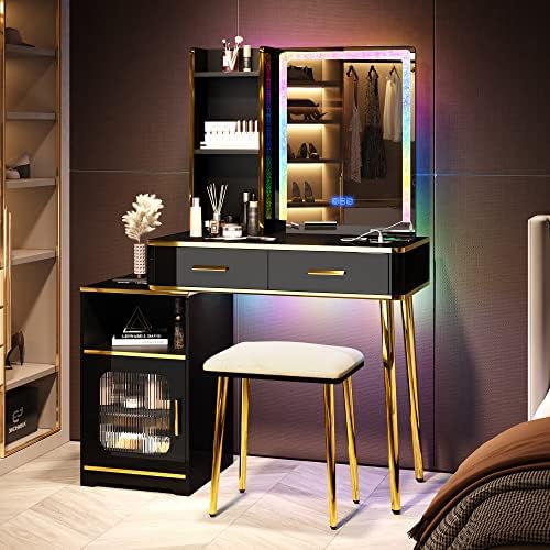 Amazon.com: HNEBC Vanity Desk with RGB Lights,LED Makeup Vanity with ...