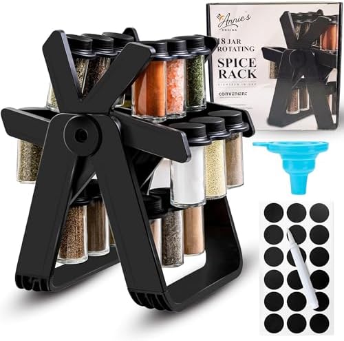 QWORK® rotating spice rack organiser, 18 spice jars with labels and pen ...