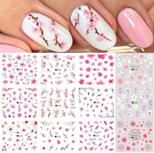 Amazon.com: 12 Sheets Flower Nail Art Sticker Decals Spring Pink Cherry ...
