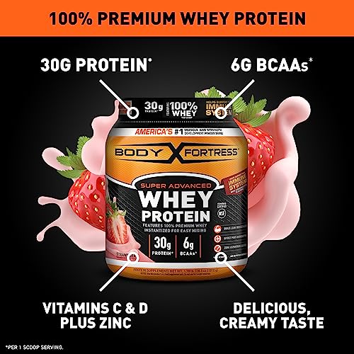 Body Fortress Super Advanced Whey Protein Powder, Strawberry, Immune ...