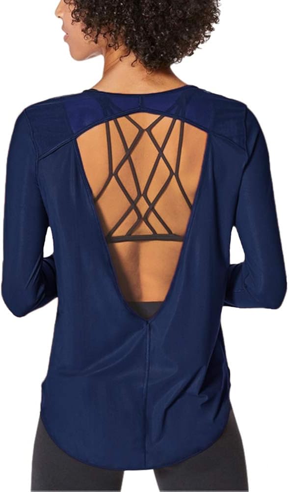 Ersuely Women Long Sleeve Sexy Backless Workout Shirt with Mesh Detail ...