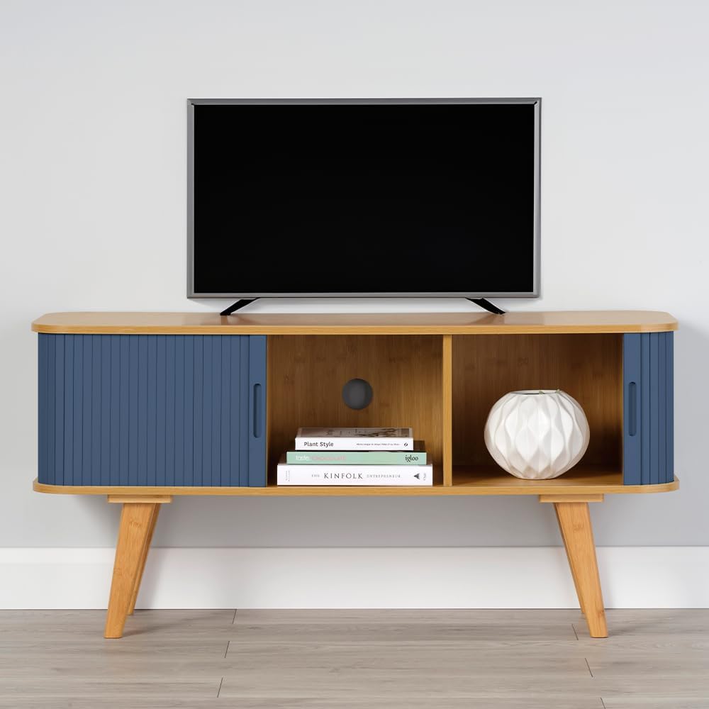 Racking Solutions Bamboo TV Stand with Dark Blue Sliding Doors 580mm H ...