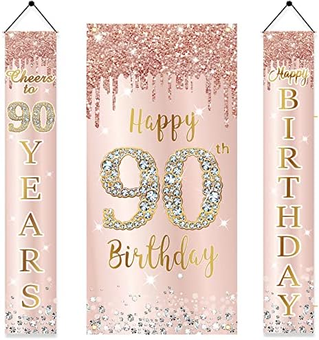 Amazon.com: 2Pcs 90th Birthday Banner Decorations for Women, Pink Rose ...