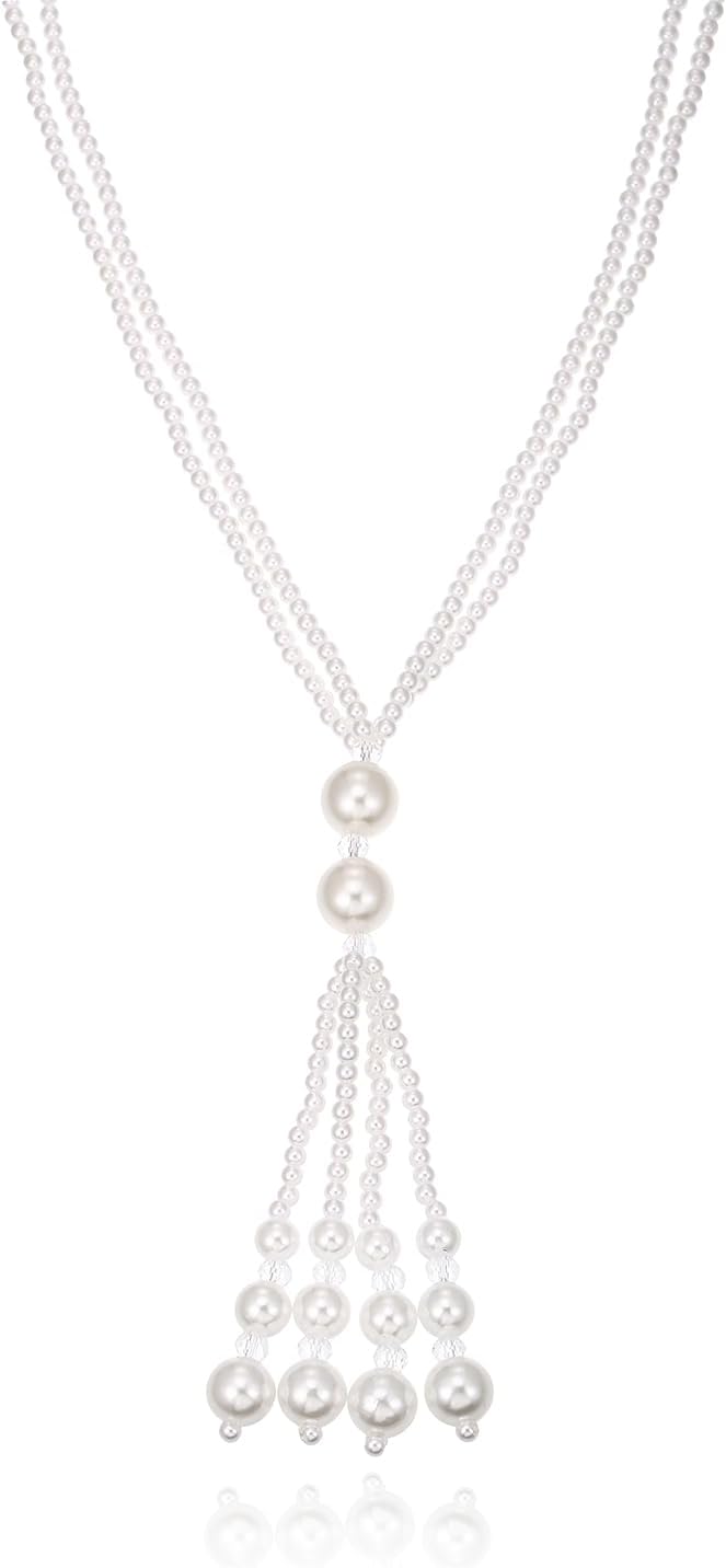 Amazon.com: GREICHFAN Long Pearl Necklace for Women Layered Faux Pearls ...