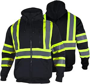 FONIRRA Hi Vis Safety Fleece Zip Hoodie for Men Reflective Sweatshirts ANSI Class 3 Jackets ...