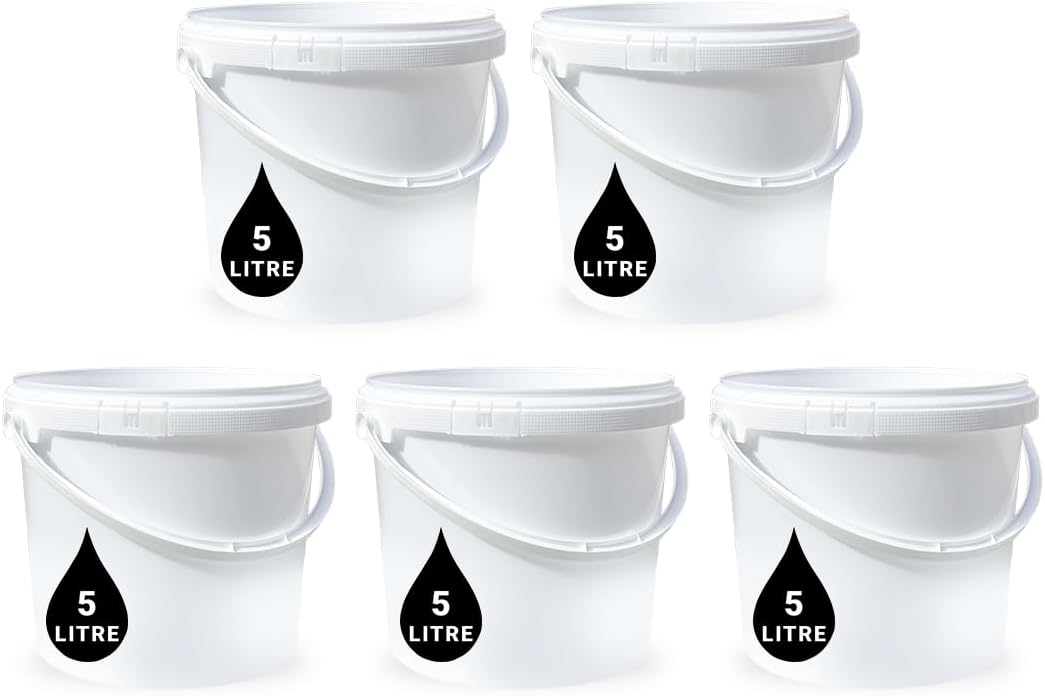 5 x 5L Plastic Bucket Pail + Handle & Lid - Heavy Duty ¦ Food Grade BPA ...