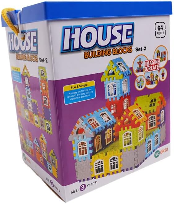 TOY MOMENTS Multicolored House Building Blocks Game, 64-Piece House ...