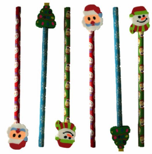 6 Christmas Pencil with Eraser Toppers Xmas Favours Girls Boys Kids ...