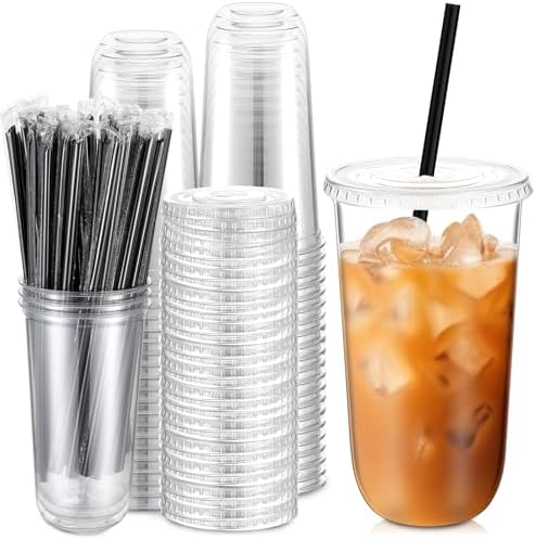 Amazon.com: Ziliny 100 Set Clear Plastic Cups with Lids and Straws ...