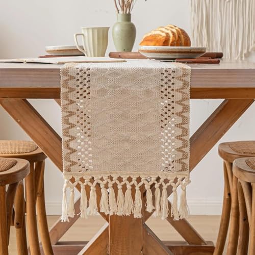 ASTNIC Macrame Table Runner,Cream Beige Boho Table Runner with Tassels ...