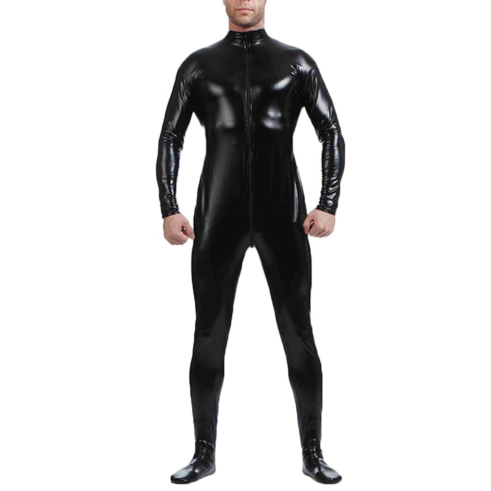 Buy IWEMEK Men Leather Jumpsuit Wet Look Metallic Long Full Bodysuit ...