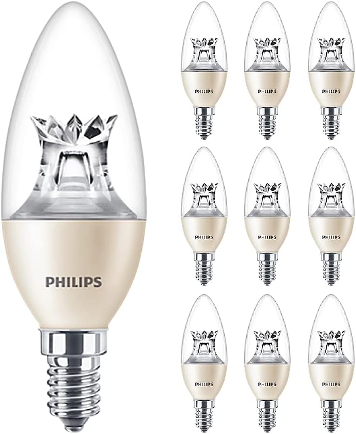PHILIPS Pack of 10 x Master LED 5.5W (40W Replacement) B38 Candle, E14 Small Edison Screw, Dim ...
