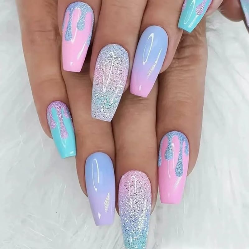 Amazon.com: Pikabows Press On Nails Long Coffin Pink Blue Gradient ...