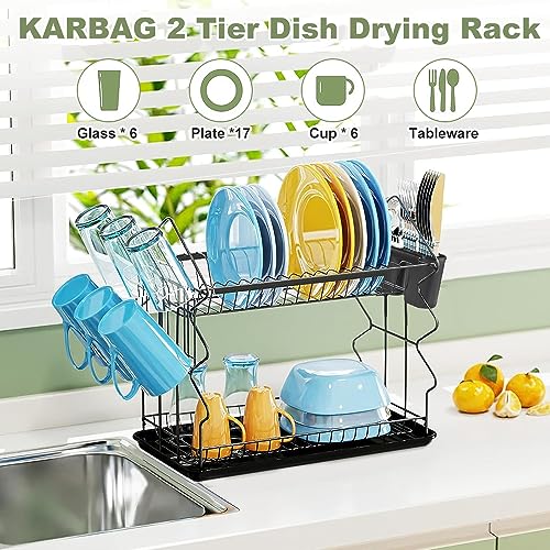KARBAG 2 Tier Black Dish Drainer Rack with Drip Tray, Stainless Steel ...