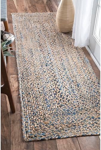 nuLOOM Hand Braided Striped Dara Jute Runner Rug, 2' 6" x 8', Blue ...