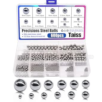 Taiss 600pcs Ball Bearings,12 Size 1mm/2mm/2.5mm/3mm/3.5mm/4mm/4.5mm/5mm/5.5mm/6mm/7mm/8mm ...
