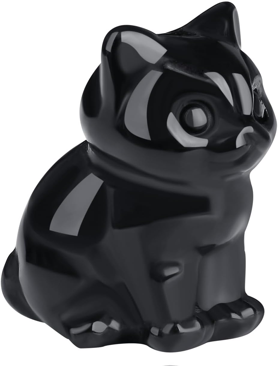 Amazon.com: QINJIEJIE Black Obsidian Cat Decor Statue Carved Stone ...