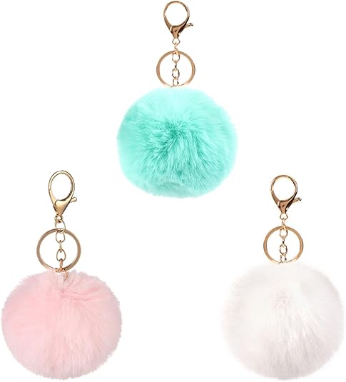 Amazon.com: Pom Pom Keychains Cute Faux Rabbit Fur Ball Pom Pom ...