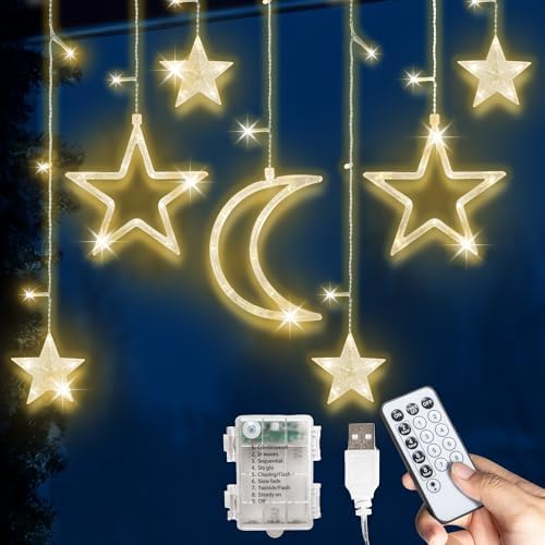 Deyaah 3.5m Star Moon Curtain String Light, LED Christmas Fairy Lights ...