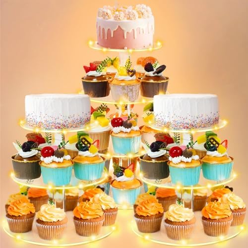 Amazon.com: 4 Tier Acrylic Cupcake Stand with Gold LED String Lights ...